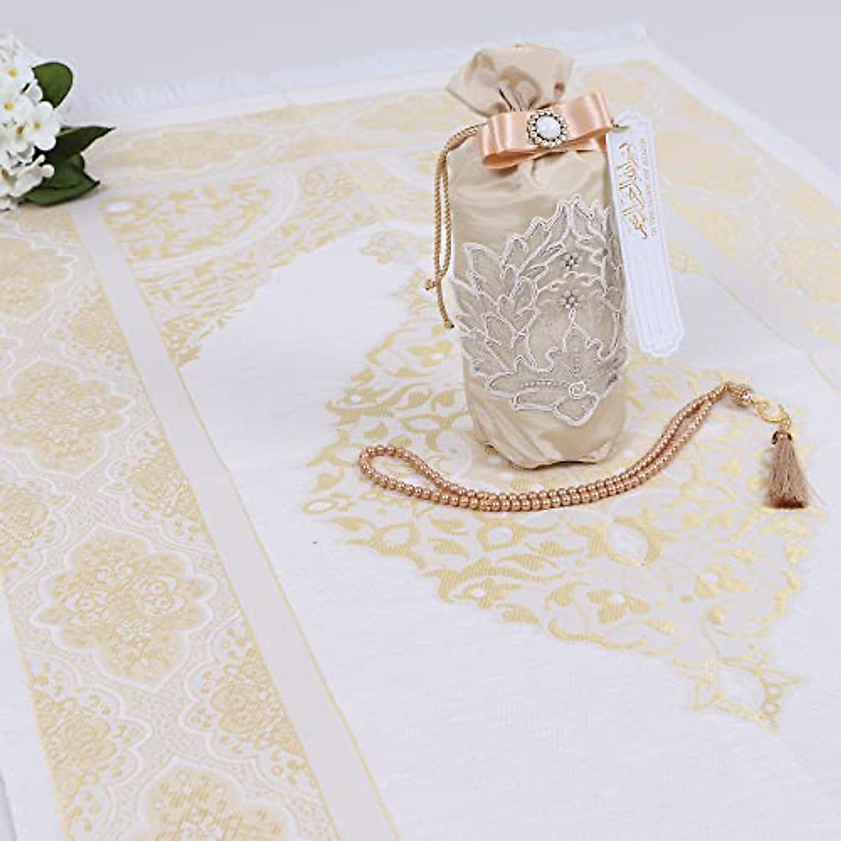 Islamic Elite Favors Personalized Muslim Lightweight Travel Prayer Rug Beads Set, Prayer Mat Tasbeeh Set, Ramadan Eid Hajj Umrah Wedding Birthday Graduation Mother's Day (Gold)