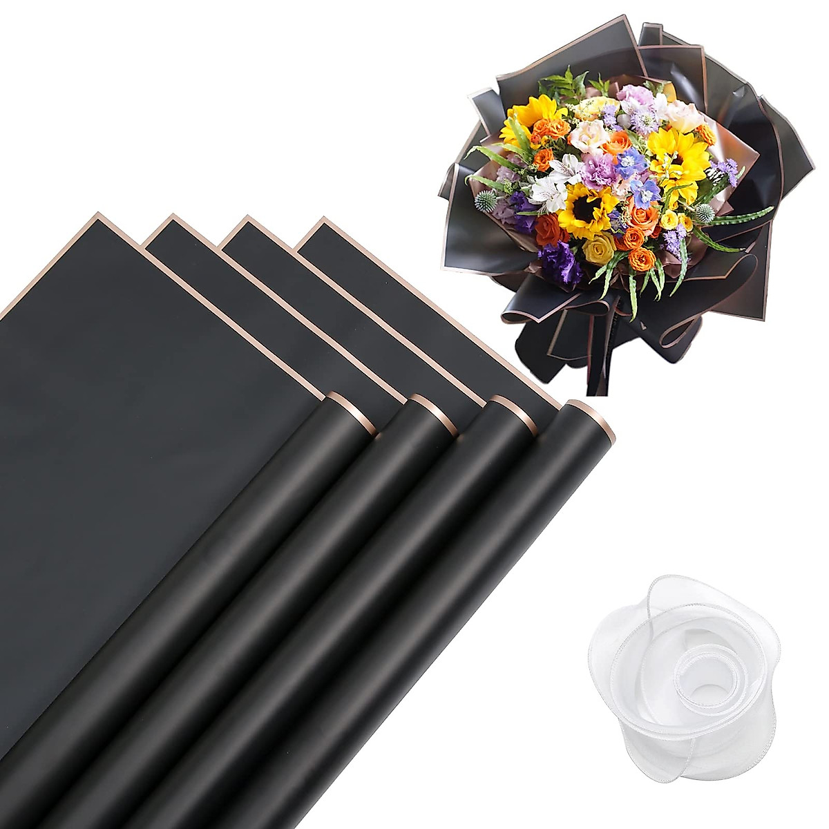 Flower Wrapping Paper Floral Wrap Sheets Florist Bouquet Supplies Waterproof wrapping paper includes ribbon （20 sheets) (black+Golden line)