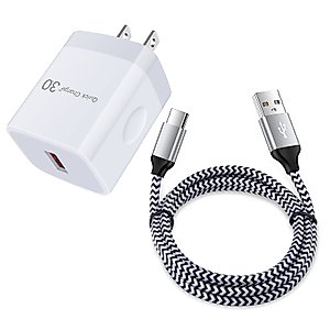 Type C Charger Fast Charging Block Cable 3FT for Samsung Galaxy S23 S22 S21 Ultra S20 A53 A13 A02S A12 A32 A20 S10,LG Stylo 6 5 K51 V60 ThinQ,Moto G Stylus/G Power/G Play,Quick Charge 3.0 Wall Charger