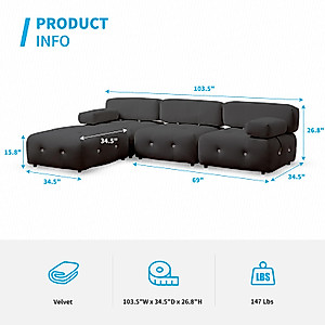 Mjkone Modular Sectional Sofa with Reversible Chaise, Velvet L Shaped Cloud Couch with Reversible Ottoman, 4 Seater Couch Button Tufted Designed, DIY Combination Sofa for Living Room, Dark Grey