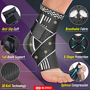 BLITZU Ankle Brace for Women, Men, Plantar Fasciitis Relief, Achilles Tendonitis Brace for Sprained Foot, Ankle Compression Sleeve with Strap Black XL
