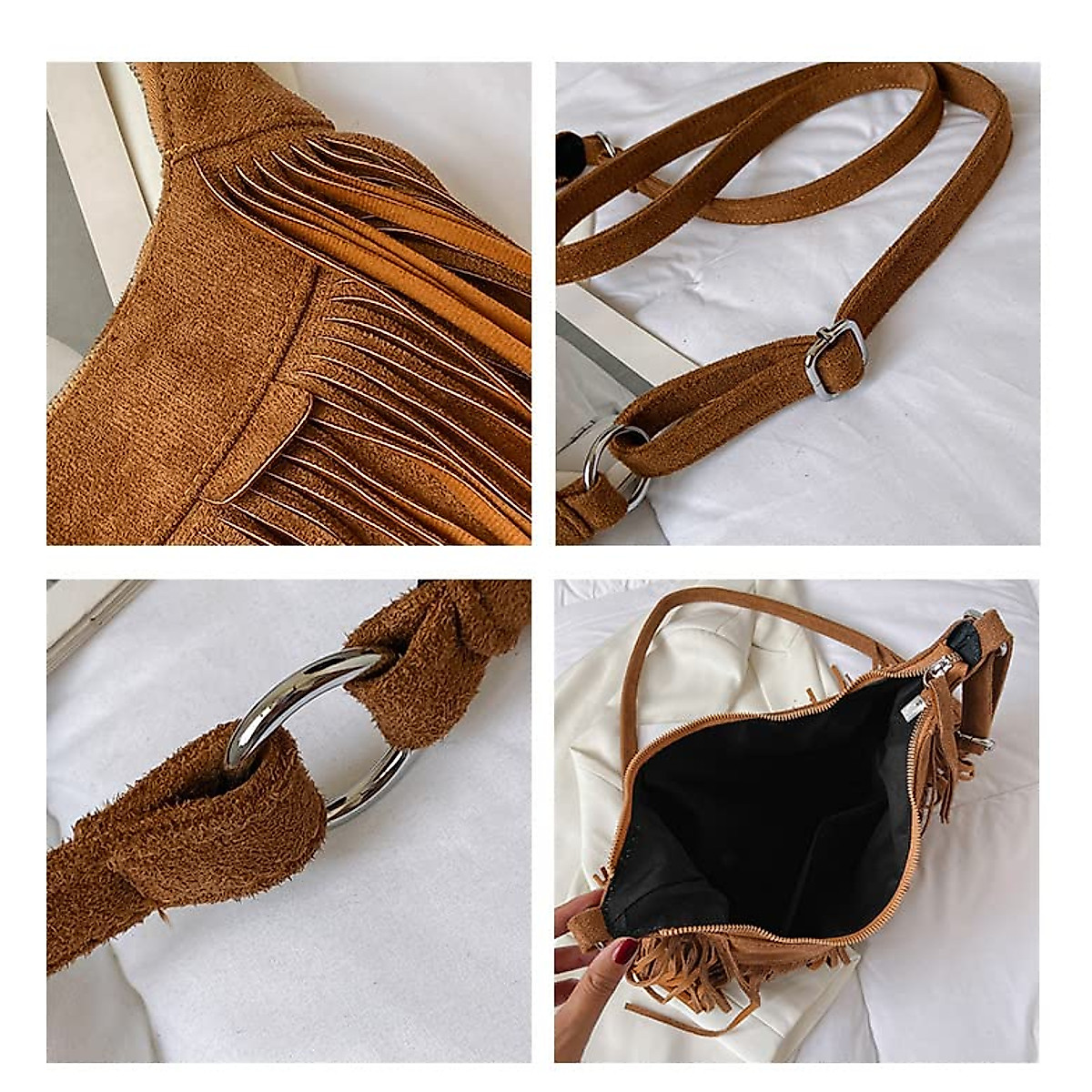 Boho Hippie Purses Fringe Tassel Faux Suede Shoulder Messenger CrossBody Sling Bag Country Concert Outfits for Women (Navy,One Size)