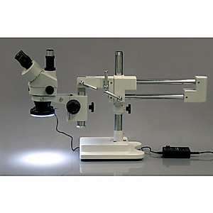 AmScope SM-4TZ-144 Professional Trinocular Stereo Zoom Microscope, WH10x Eyepieces, 3.5X-90X Magnification, 0.7X-4.5X Zoom Objective, 144-Bulb LED Ring Light, Double-Arm Boom Stand, 110V-240V, Includes 0.5X and 2.0X Barlow Lens