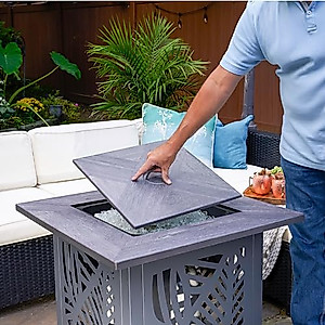 Endless Summer Lindsey 30 Inch Square Outdoor UV Printed 50,000 BTU LP Gas Fire Pit​ Patio Table with Faux Wood Mantel and Stamped Steel Base