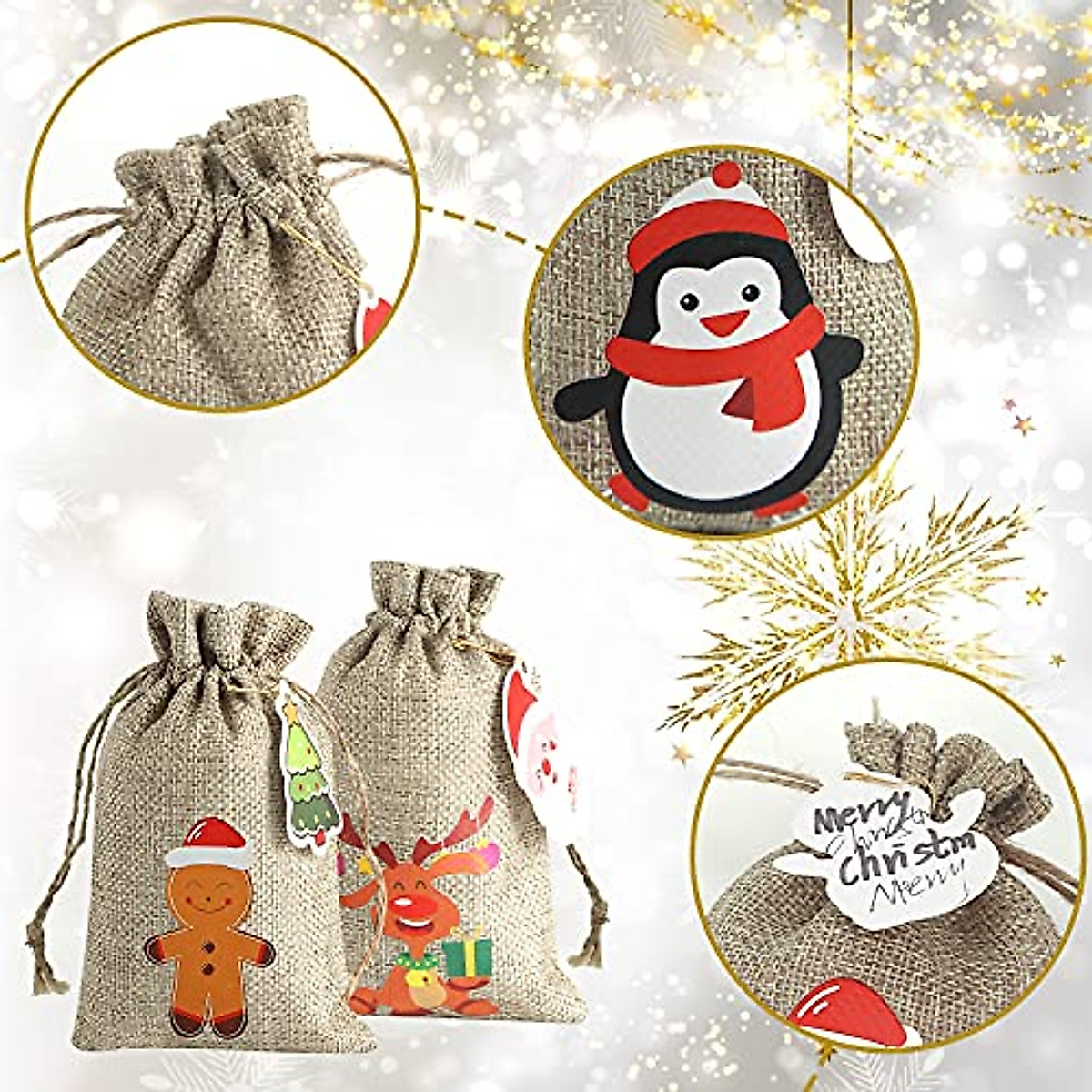 HANSGO Christmas Jute Burlap Bags, 16PCS Small Craft Bags Gift Treat Candy Bags Reusable Burlap Bags with Drawstring for Xmas Party Favor Wedding Supplies