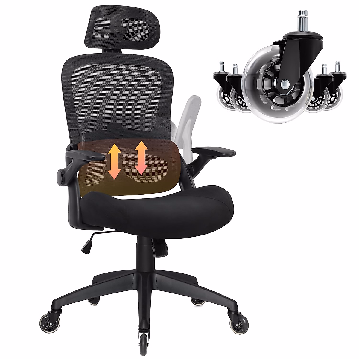 FAMSINGO Ergonomic Mesh Office Chair, High Back Comfortable Desk Chair with Adjustable Lumbar Support, Headrest and Flip-up arms, Wide Memory Foam Seat, Executive Swivel Chair(Black)