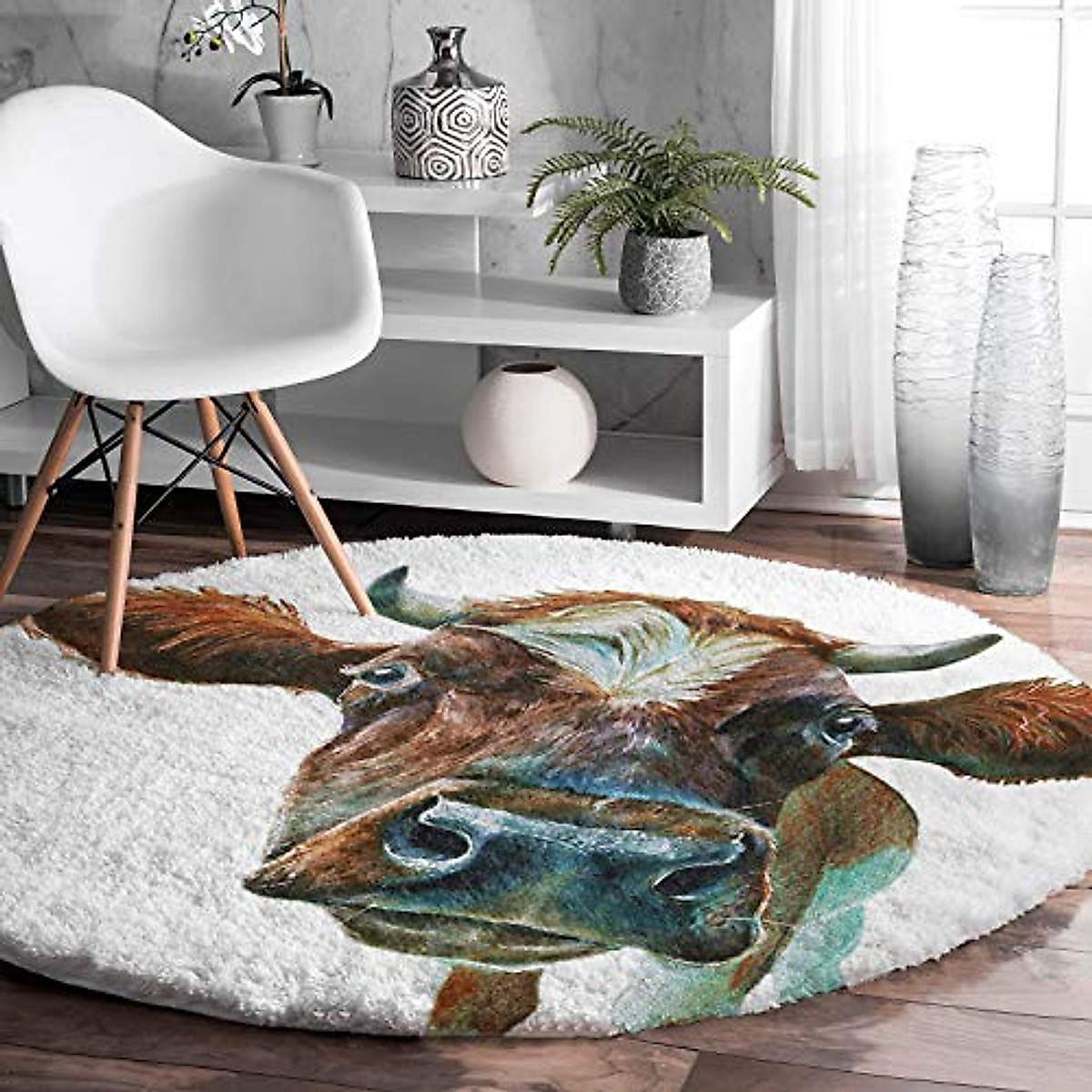 Fantasy Staring Round Fluffy Area Rugs for Living Room Kids Room- Western Texas Farm Animals Cattle Contemporary Rug Soft Throw Rug Modern Home Decor Carpet, 5ft