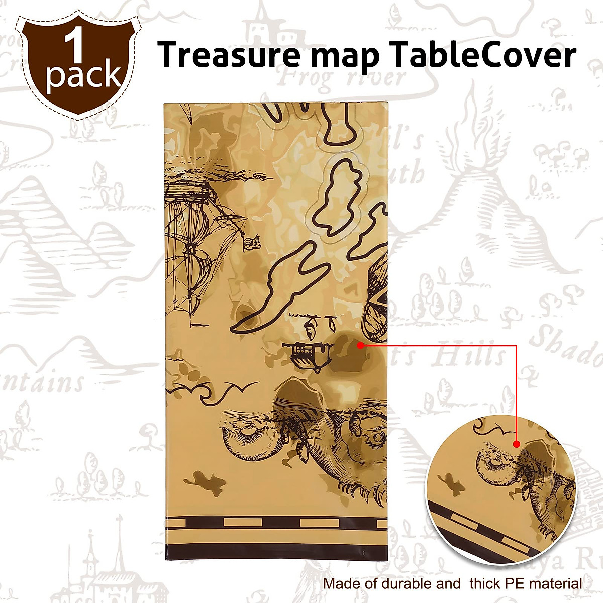 Irenare Pirate Party Tablecloth Treasure Map Tablecover Plastic Island Treasure Table Covers Pirate Nautical Party Supplies for Treasure Theme Birthday Party Decoration, 54 x 108 Inches (1 Piece)