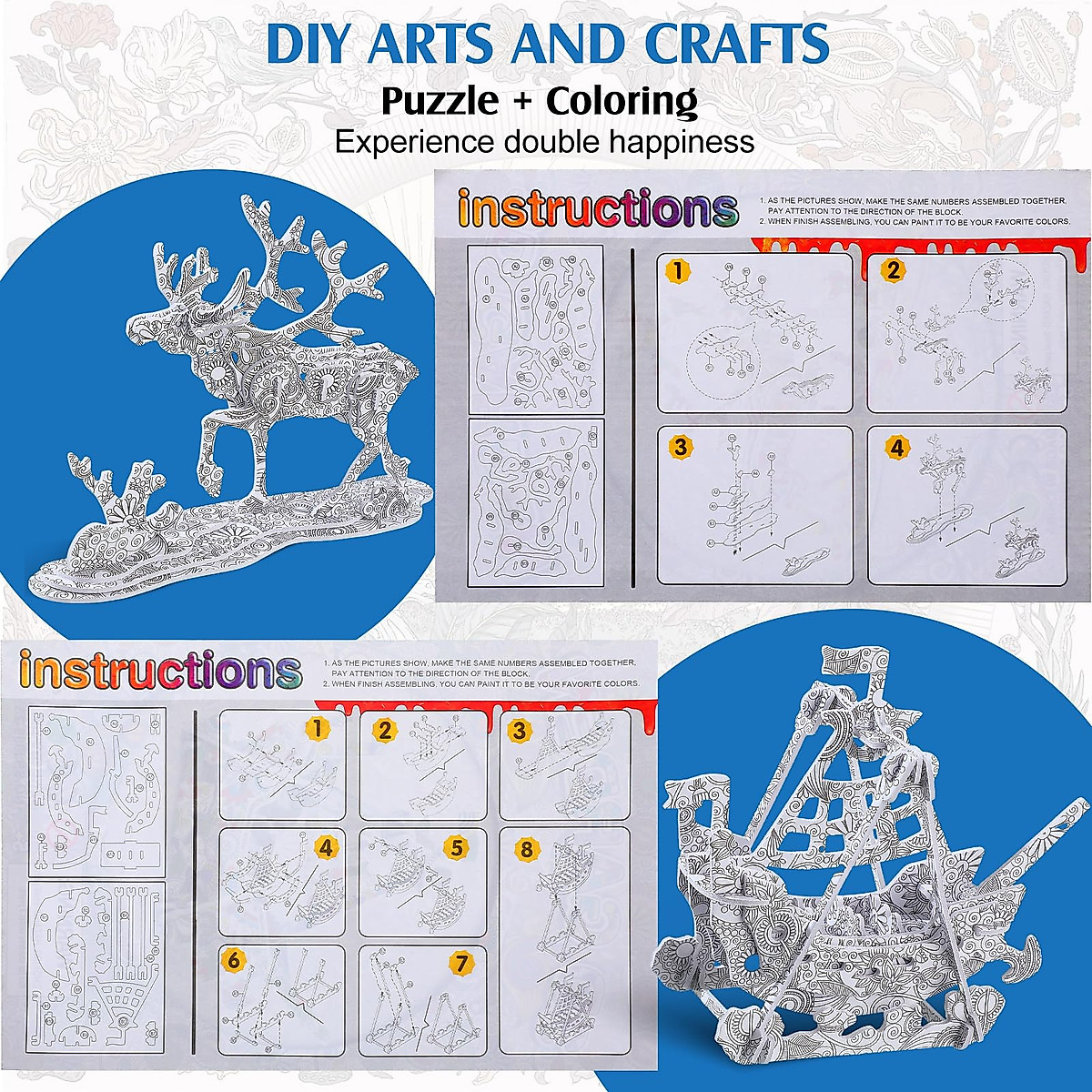 Syhood 36pcs 3D Coloring Puzzle Set Animal Painting Puzzle Crafts for Girls Set Include 12 Creative DIY Painting with 24 Coloring Pens for Boys and Girls Educational Birthday Gift Supplies