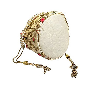 CRAFT BAZAAR Women Indian Potli Bag, Drawstring Bucket Bag With Pearls Wristlet For Weddings, Parties, Brides