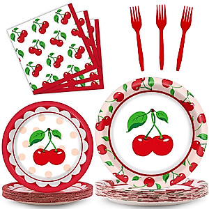 OBUSATT 100 Pcs Cherry Fruit Party Supplies Tableware Set Summer Tropical Picnics Dinnerware Set Disposable Paper Plates Napkins for Baby Shower Birthday Party Decoration for 25 Guests