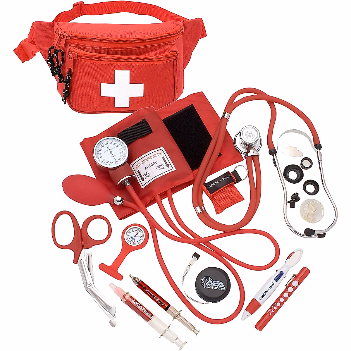 ASA TECHMED Lifeguard Fanny Pack with Aneroid Sphygmomanometer Manual Blood Pressure Cuff, Stethoscope, CPR Shield, EMT Shear, Nurse Watch and Accessories Red First Aid Kit