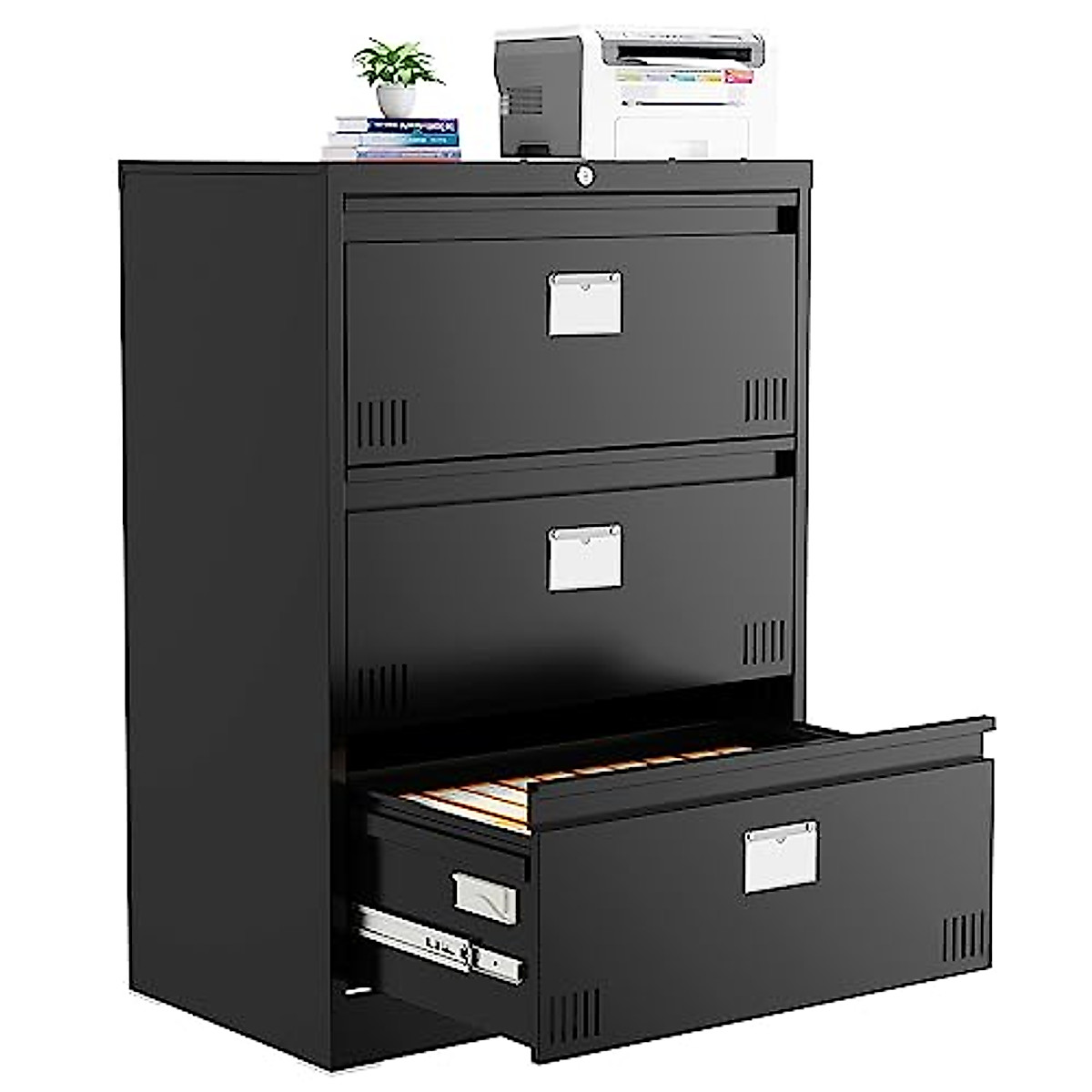 kingwolfox 3 Drawer Lateral File Cabinet with Lock, Locking lateral Filing Cabinet for Office Metal Steel File Drawers Cabinet, Lockable Horizontal File Cabinet for Hanging Legal.