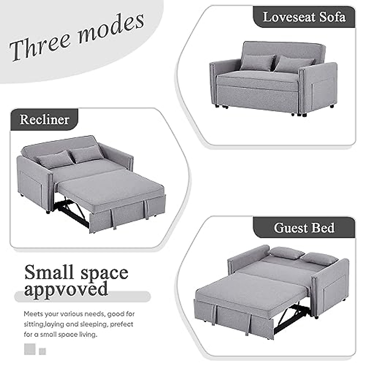 Antetek Sleeper Sofa Couch Bed, 54" Modern Linen 3 in 1 Convertible Loveseat Sleeper with Pullout Bed, Small Love seat Futon Sofa w/Adjustable Backrest for Living Room Bedroom, Light Grey