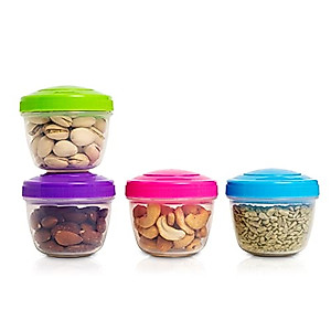 Snack Containers (4 Set) - 4.75 Oz Small Food Storage Cups with Lids - Fruit, Nuts, Sauce, Condiments, Salad Container for Lunch Box - Reusable Dessert Cups, Microwave and Freezer Friendly, BPA-free (S/4 Multi)