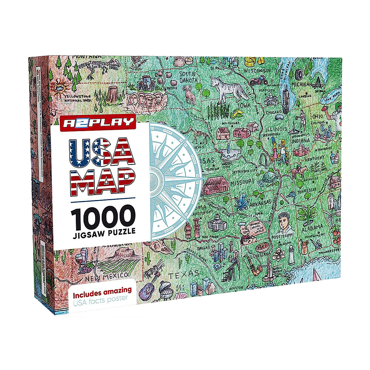 A2PLAY USA Map Puzzle 1000 Piece for Adults, United States of America, Patriotic Jigsaw Puzzle & Bonus Fact Poster, Premium Materials, 27.5 x 19.7 in