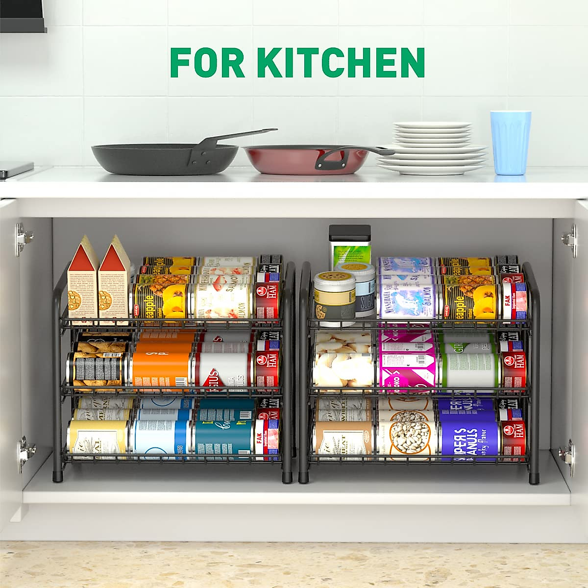 KalTell 2 in 1 Can Storage Organizer Pantry, Canned Food Organizers for Kitchen Dispenses 72 Cans-Black