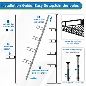 Yaonunoon Corner Shower Caddy Tension Pole- 4-Tier Adjustable Rustproof bathroom shower organizer- 62-115 Inch - 2024 New Adjustable Bathtub Organizer Shelves
