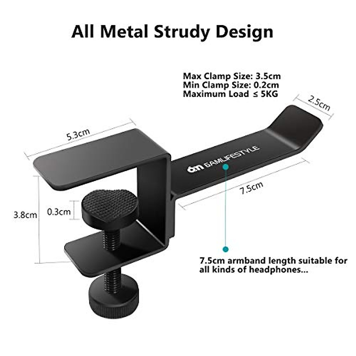6amLifestyle Headphone Headset Holder Hanger, Universal Metal Gaming Headphones Stand Mount Under Desk Hook Clip with Adjustable Clamp for All Headsets, Black（Patented）