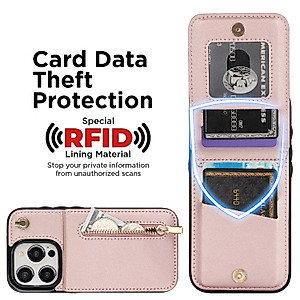 WHBPKJ Case for iPhone 15 Pro Max Wallet with Card Holder,RFID Blocking Protective Cover for Women,PU Leather Lanyard Strap Wristlet Zipper Pocket Kickstand Flip Case-Rose Gold