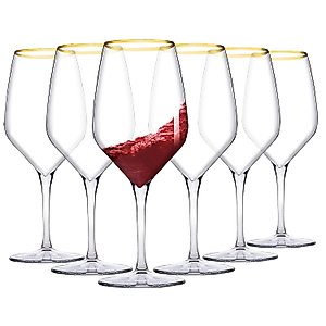 Biandeco Gold Rim Wine Glasses With Long Stem Set of 6, Laser-Cut Tempered Rim Crystal Clear Elegant Glassware for Drinking Wine, Sturdy Premium Blown Chalices, 15.9 oz
