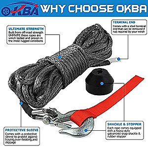 OKBA Synthetic Winch Rope Cable Kit 1/4" x 50' - 9500LBS Winch Line Rope Replacement with Protective Sleeve + Rope Winch Hook + Rubber Stopper for 4x4 Off Road Vehicle ATV UTV Polaris UTV
