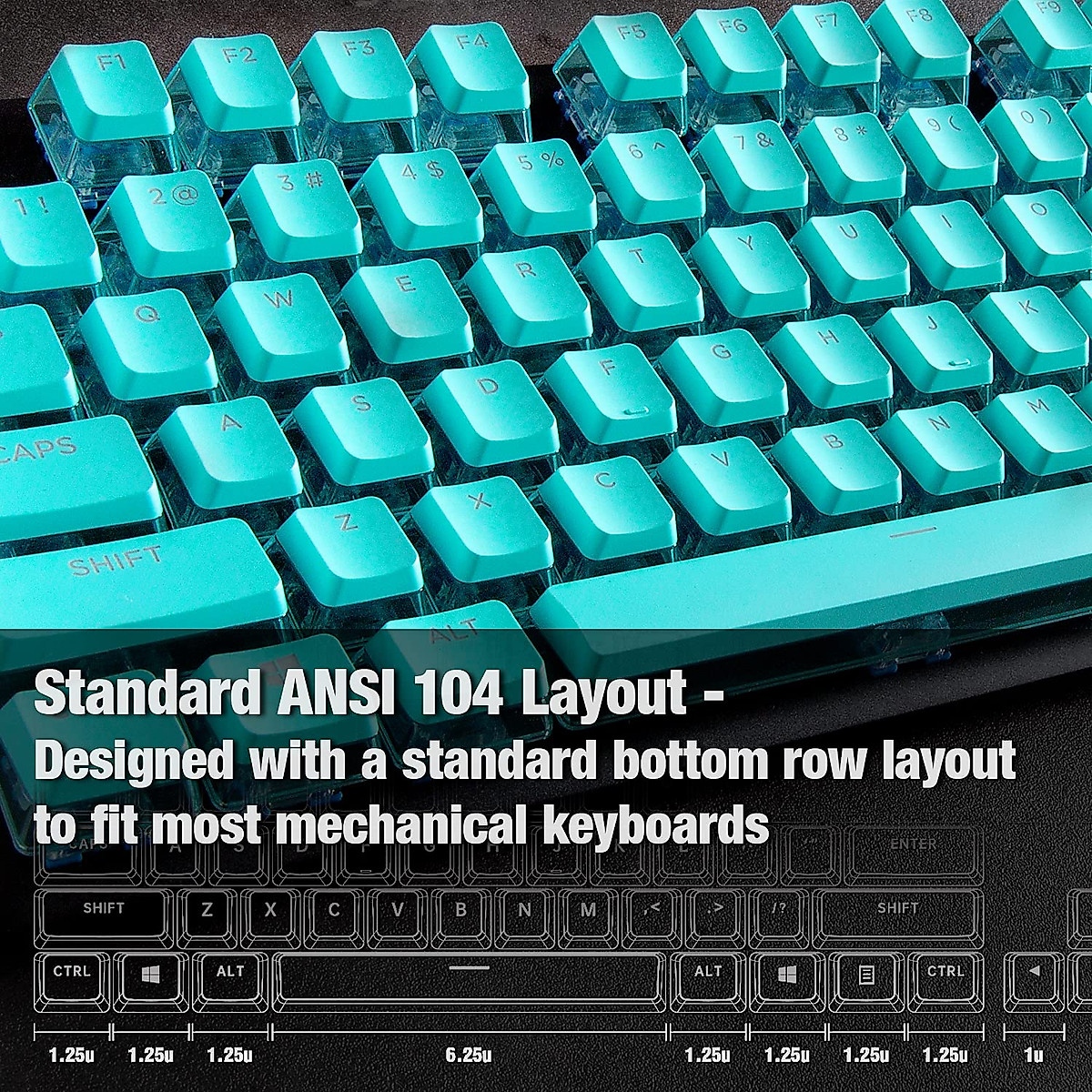 GUNMJO Crystal Pudding Keycap for Gaming Keyboard with Cherry MX Switches, ABS Translucent Keycaps for Backlit Mechanical Keyboard, OEM Profile 104 Keys with 6.25U Space Bar, Painted Teal Color