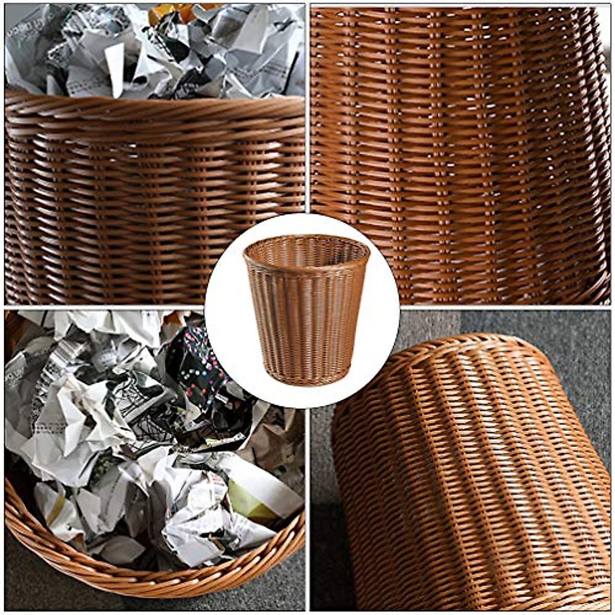 VORCOOL Round Rattan Waste Basket Bin Paper Wastebasket Books Newspaper Decorative can for Bedroom Desktop Coffee