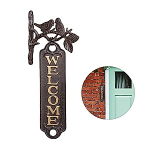 Relaxdays, Brown Door Sign Birds Welcome, Decorative Cast Iron Greeting Plaque, Vintage Garden Wall Décor, 39.5 cm, Gold
