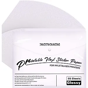 Premium Printable Vinyl Sticker Paper - for Inkjet and Laser Printer - 55 Pack Glossy White Waterproof Inkjet Printable Vinyl - Dries Quickly and Holds Ink Beautifully JANDJPACKAGING