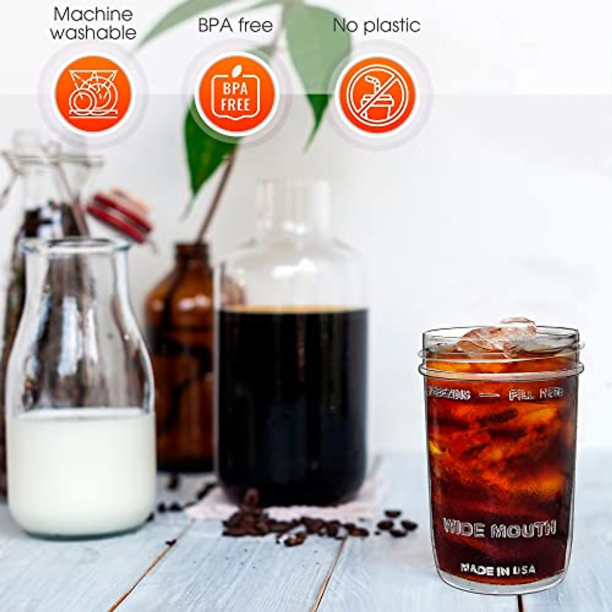 Reusable Boba Bubble Tea & Smoothie Cups - 2 Glass Wide Mouth 16oz Mason Jars with Bamboo Lids - 2 Reusable Silver Stainless Steel Boba Straws