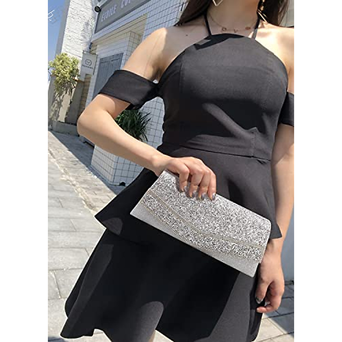 Gabrine Womens Evening Shoulder Bag Handbag Clutch Purse Shiny Sequins Rhinestone for Wedding Prom Party(Silver)