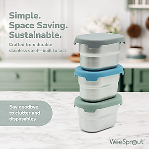 WeeSprout 18/8 Stainless Steel Condiment Containers - Set of 3 Small Dipping Sauce Cups (2.5 oz) with Lids, Pack in Kid/Adult Lunch Box, Leakproof Silicone Lids, Easy to Open, for Dips/Condiments