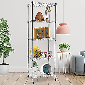 Lovinland Heavy Duty 5-Shelf Shelving Units and Storage on Wheels, Adjustable Carbon Steel Wire Unit Rack for Garage, Kitchen, Office