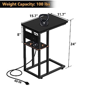 C Table End Table with Charging Station, 2 Tier C Shaped Side Table Bedside Tables with Power Outlets & USB Ports for Living Room Bedroom, C Shaped Sofa Couch Snack Tables for Small Space, Black