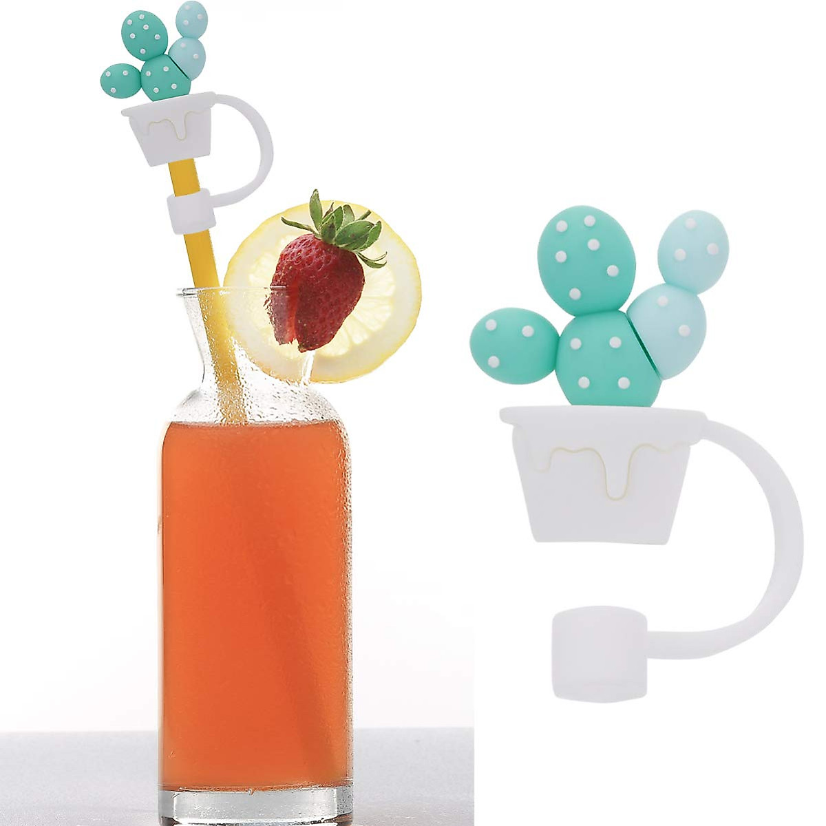 SEWACC 2 Pcs Straw Covers Silicone Straw Caps Reusable Drinking Straw Tips Lids Straw Toppers for Home Office (Cactus)