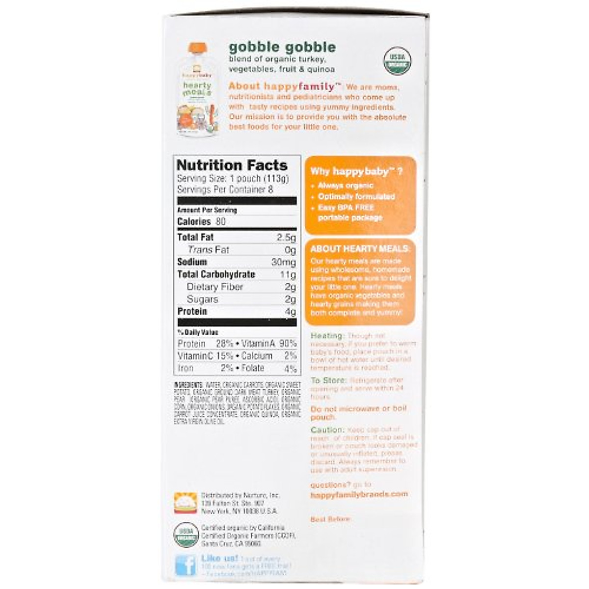 Happy Baby Organic Stage 3 Baby Food, Hearty Meals, Root Vegetables & Turkey with Quinoa, 4 Ounce (Pack of 8)