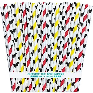 Mickey Mouse Inspired and Stripe Paper Straws - Red Black Yellow White - 100 Pack - Outside the Box Papers Brand