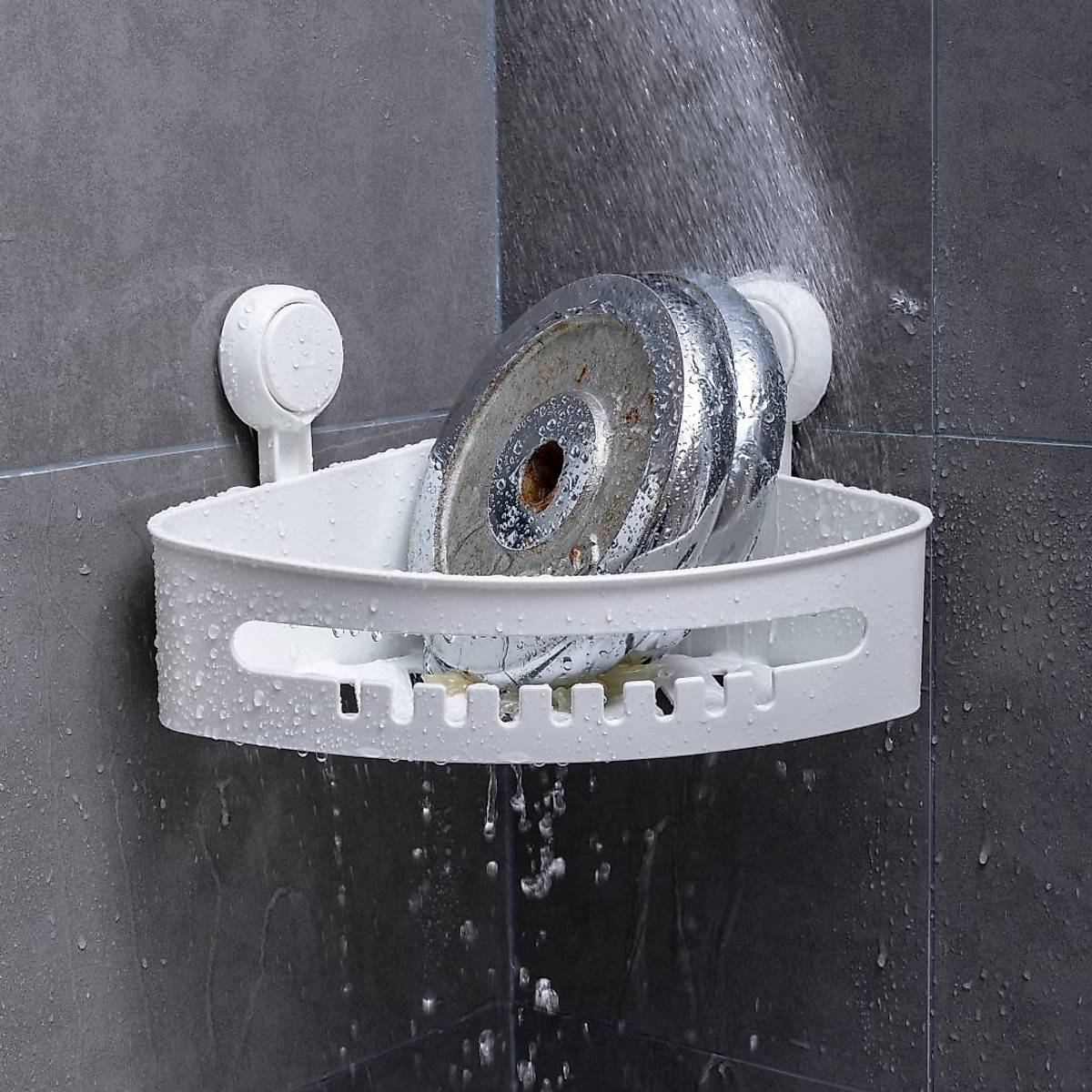 Suction Shower Caddy Corner Waterproof Shower Basket No-Drilling Removable Bathroom Shower Holder Organizer Plastic Shower Corner Rack Heavy Duty Max Hold 22lbs for Bathroom & Kitchen - White