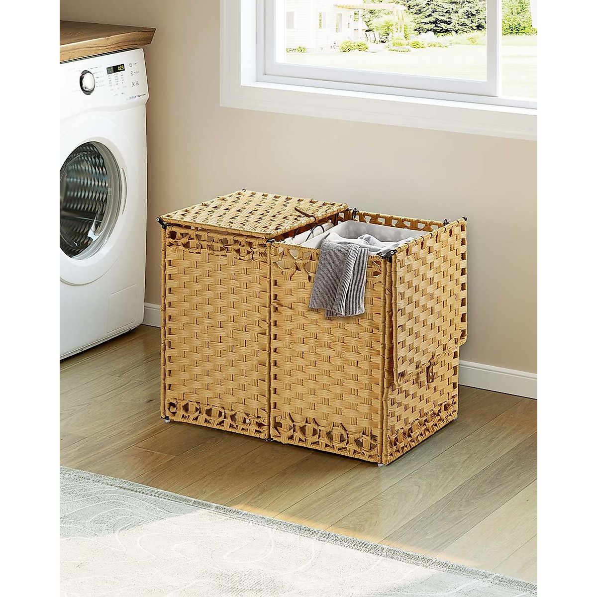 Greenstell Laundry Hamper with Lid and 2 & 1 Removable Liner Bags, No Install Needed, 130L Collapsible Laundry Basket, Wicker Clothes Hamper with Handles, Hamper for Bedroom, Bathroom, Goose Yellow