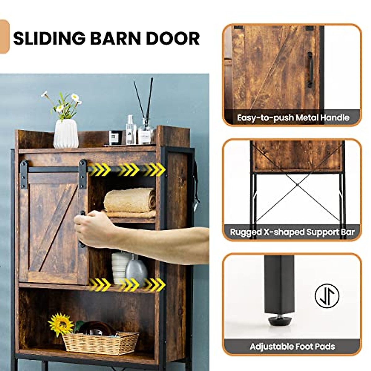 Giantex Over The Toilet Storage Cabinet, 4-Tier Bathroom Organizer w/ 3-Position Adjustable Shelves & Sliding Barn Door, Freestanding Toilet Space Saver Shelf for Bathroom, Laundry (Rustic Brown)