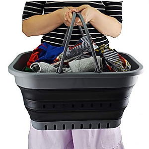 SAMMART 19L (5 Gallon) Collapsible Tub with Handle - Portable Outdoor Picnic Basket/Crater - Foldable Shopping Bag - Space Saving Storage Container (Black) (1, Grey/Black)