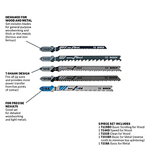 BOSCH T501 5-Piece T-Shank Wood and Metal Cutting Jig Saw Blade Set