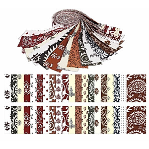 Soimoi 40Pcs Asian Block Print Cotton Precut Fabrics for Quilting Craft Strips 2.5x42inches Jelly Roll - Maroon, White, Pale Yellow, Brown