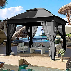 Joyside 11'x11' Pop Up Gazebo for Patios Gazebo Canopy Tent with Sidewalls Outdoor Gazebo with Mosquito Netting Pop Up Canopy Shelter Wedding Tent (Black)