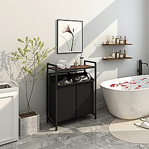 LAATOOREE Double Laundry Hamper with Top Shelf, Two-Color Tall Laundry Basket with 2 Removable Laundry Sorter Bags, Clothes Hamper for Laundry Room, Bedroom - Black Walnut and Black