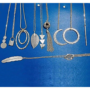 Ofeiyaa 10Pcs Long Pendant Necklace Simple Moon Bar Three Triangle Tassel Lock Sweater Y Shape Punk Chain Choker Necklace for Adults Women Silver Tone