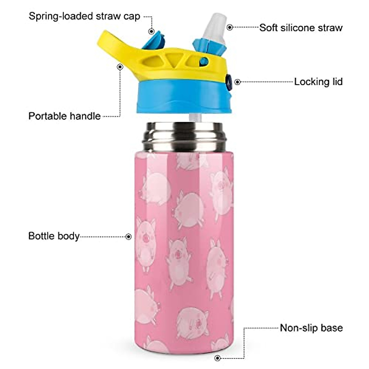 Thermos Cup 500Ml Cute Pigs Insulated Water Bottle With Straw For Sports And Travel 7.5x2.7 in