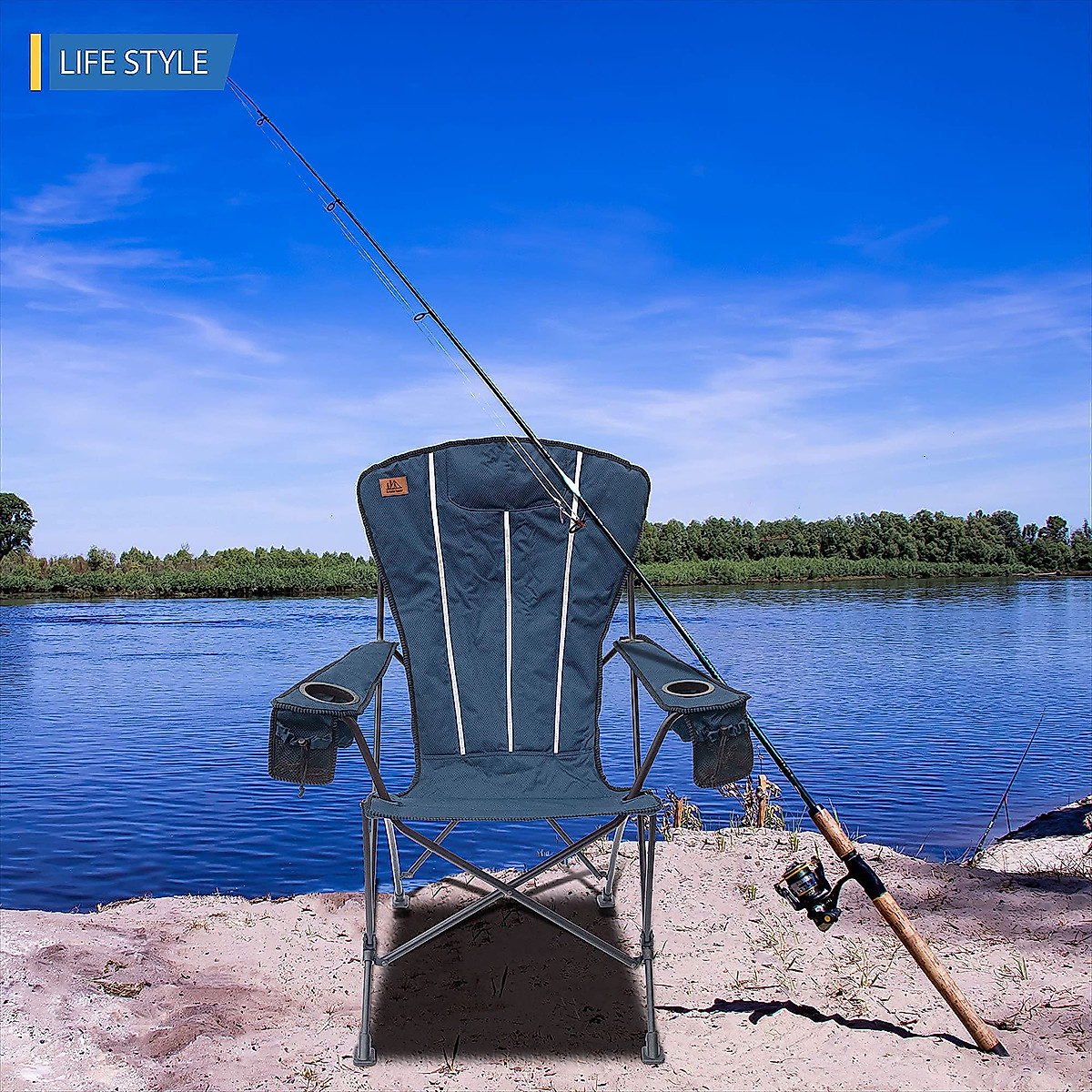 Outdoor-Forest HIGHBACK Adirondack Folding, Portable camping chair,Built in pillow. Two cup holder, Extra storage mesh pocket (Navy)