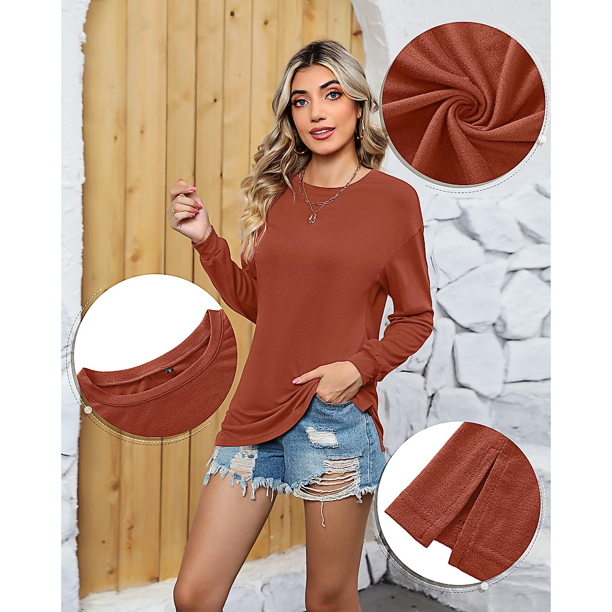 Ficerd 2 Pack Women's Long Sleeve Shirts, Casual Loose Fit Tunic Tops Crew Neck Trendy Tee Solid Color Pullover Shirts (Black, Pumpkin,X Large)